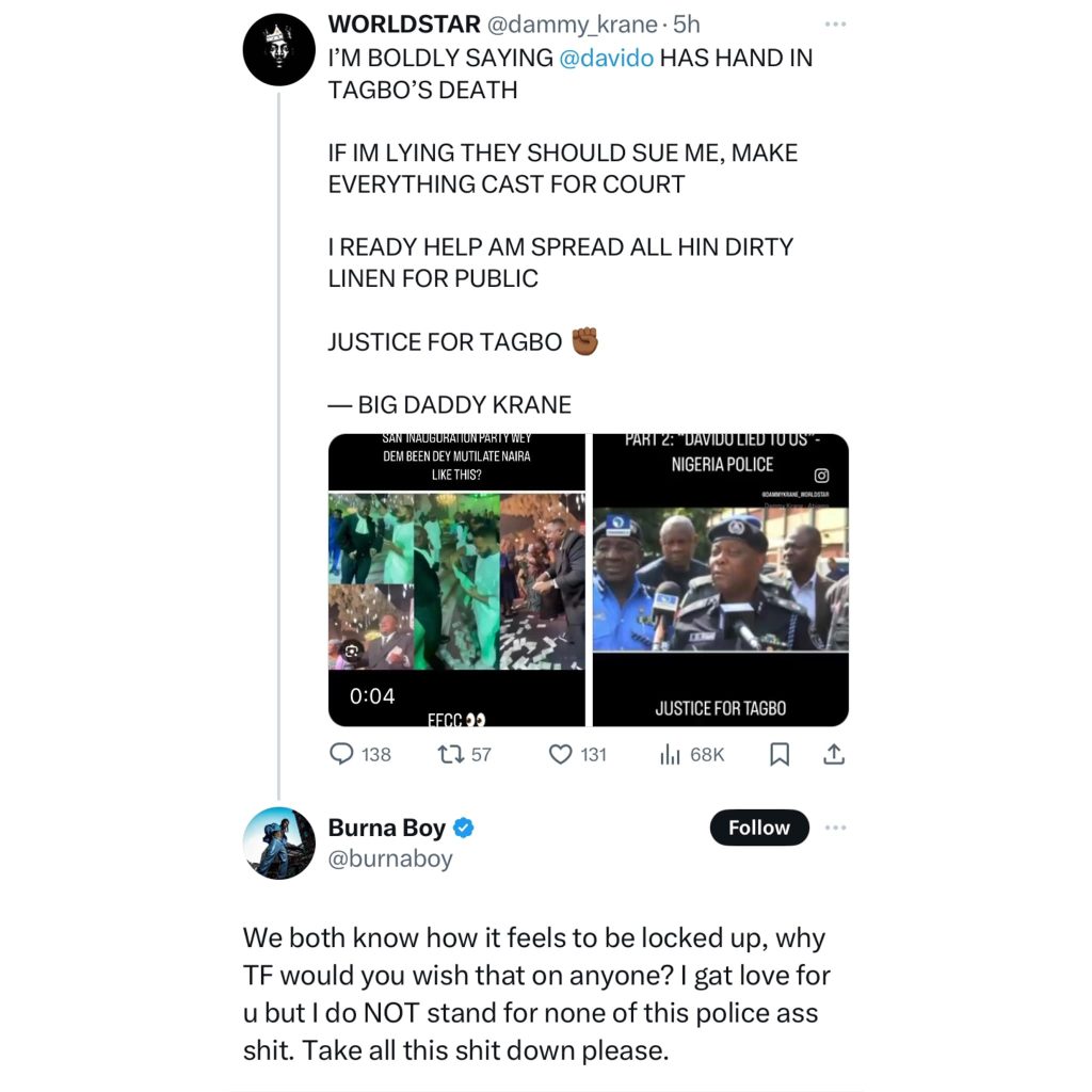 Burna Boy threatens Dammy Krane with a fight for linking Davido with ...